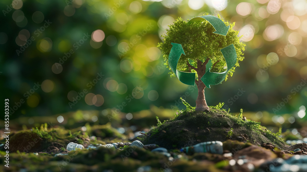 Witness the harmonious blend of a tree growing from a recycling logo on ...
