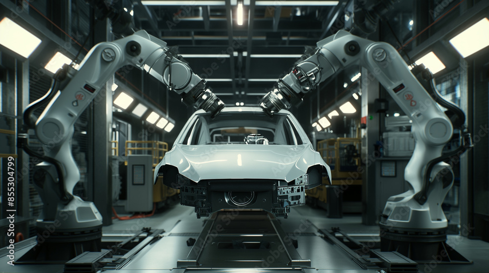 The final stages of car assembly, where robotic arms are adding the ...