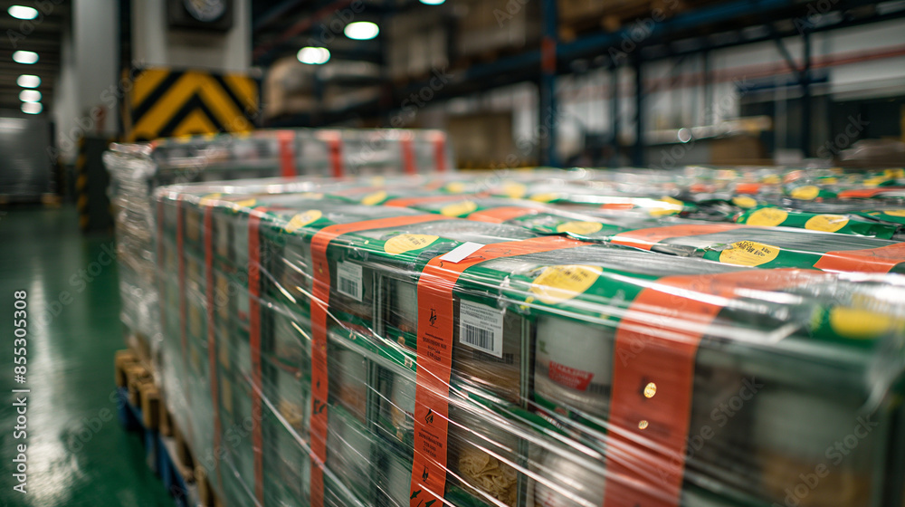 A detailed view of shrink-wrapped food packages on a pallet, ready for ...