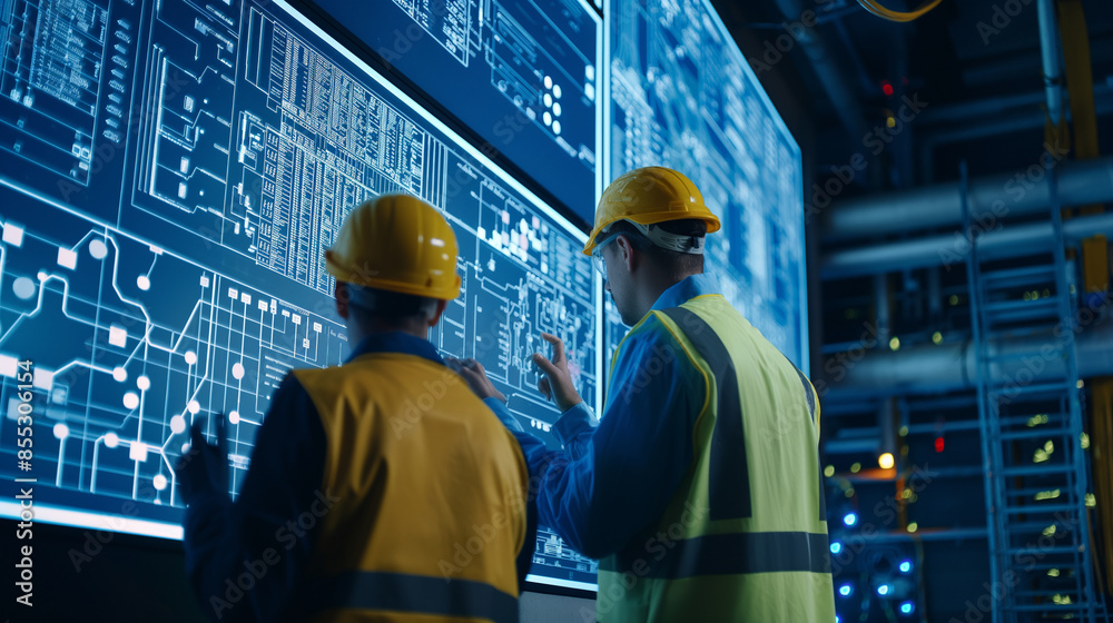 Engineers at a smart grid testing facility, analyzing data from ...