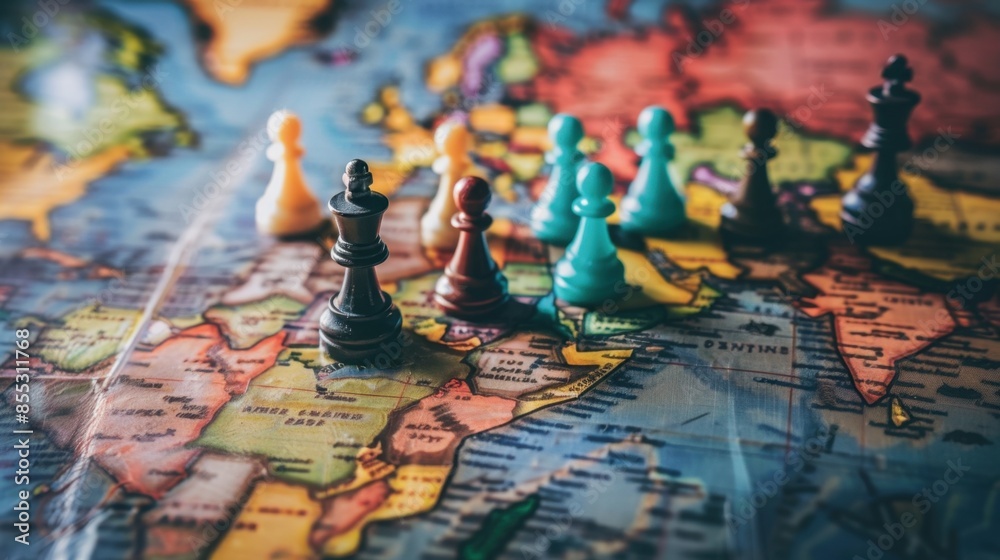 Chess pieces are arranged on a colorful world map, creating a visual ...