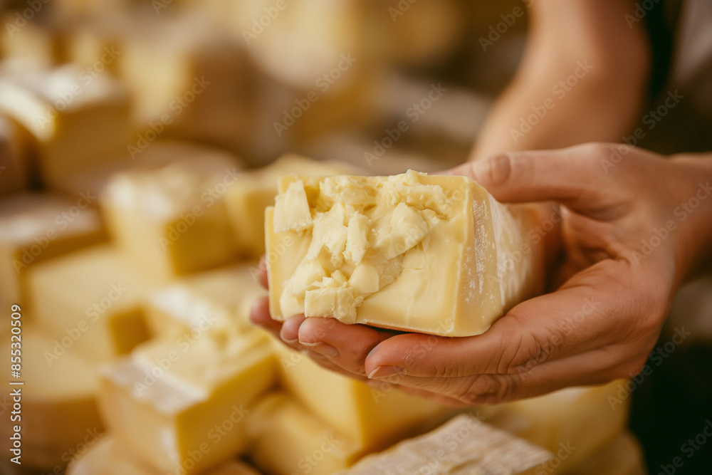 Exploring a selection of premium aged cheese blocks with a crumbly ...