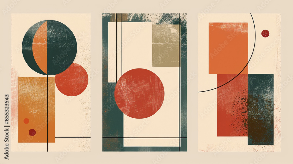 Abstract retro art, in three vertical frames on a beige background ...