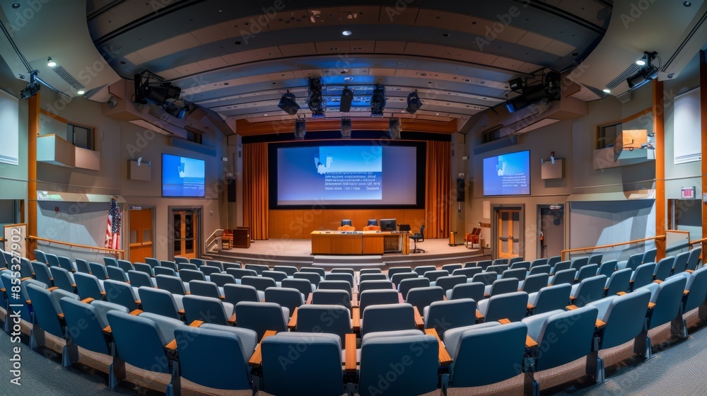 An empty auditorium with rows of seats facing a stage with a projection ...