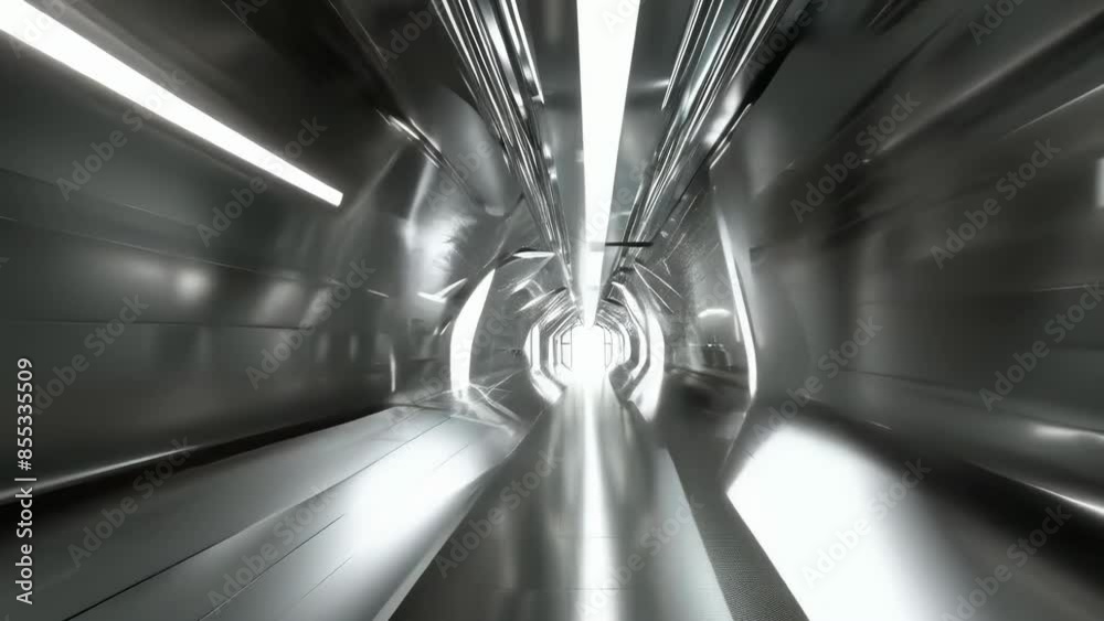 A tunnel featuring reflective metallic surfaces and bright lights ...
