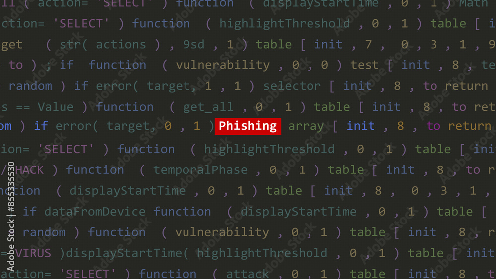 Cyber attack phishing text in foreground screen of code editor developer studio point of vue ...