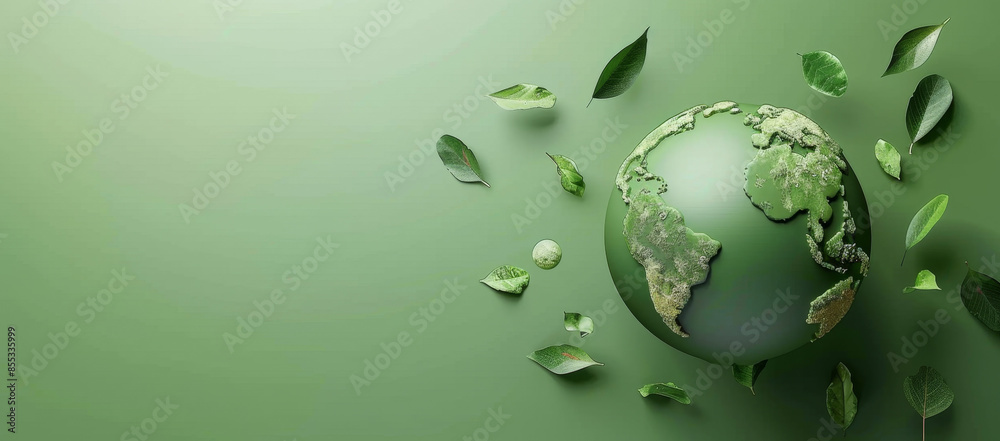 3d world earth with leaves, isolated on pastel green background ...