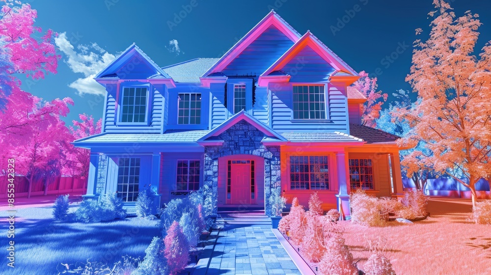 Infrared imaging of a house, comparing thermal energy loss in colored ...