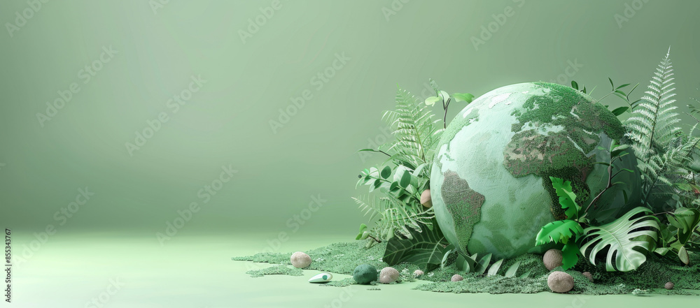3D world environment day concept with a green earth and forest in an ...