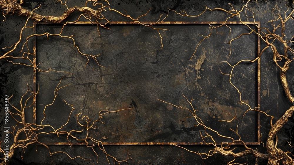 Blank dark gothic frame with dry branches edges, old worn black grunge ...
