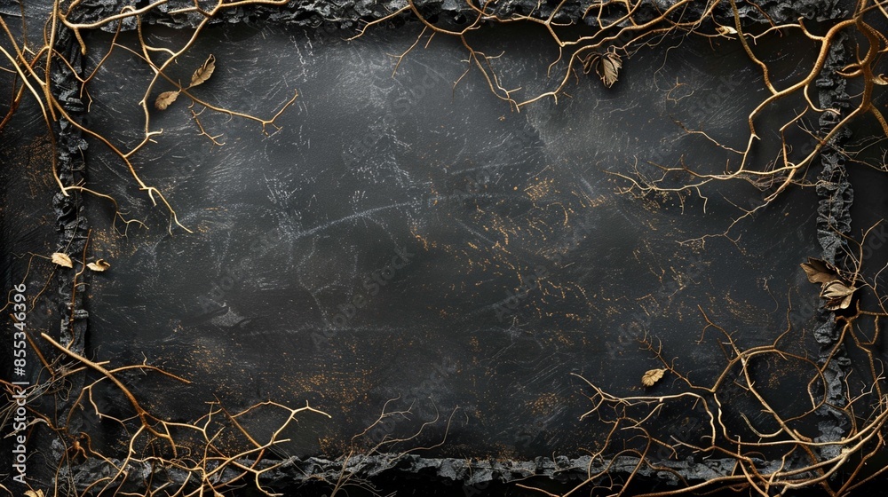 Blank dark gothic frame with dry branches edges, old worn black grunge ...