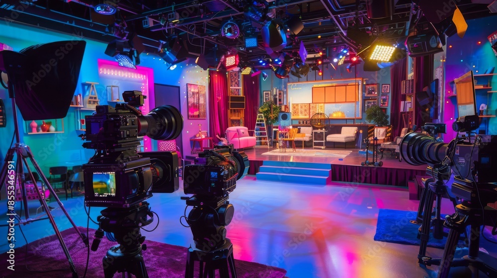 This image depicts a TV studio set with three cameras on tripods facing ...