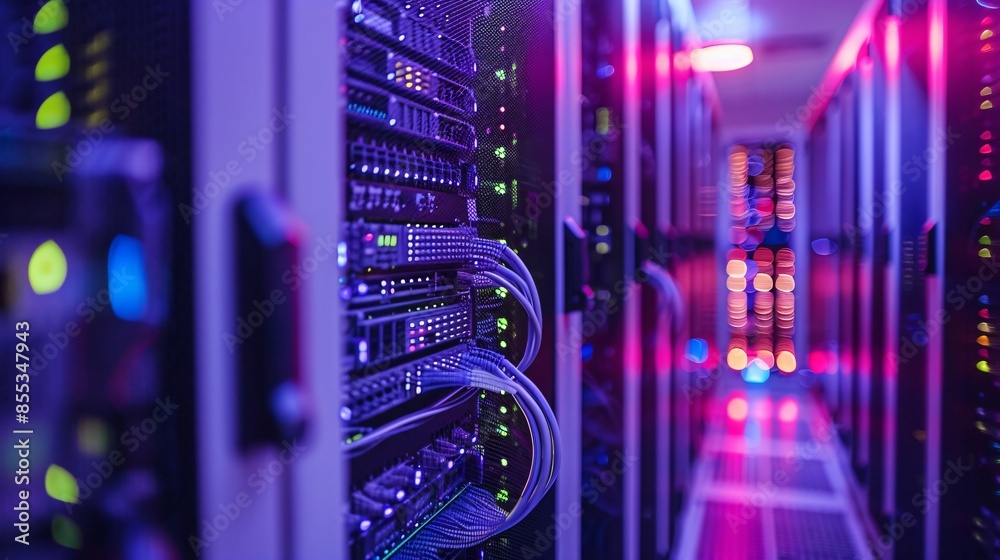 Network Switch and Ethernet Cables in Data Center, Close-Up, server ...