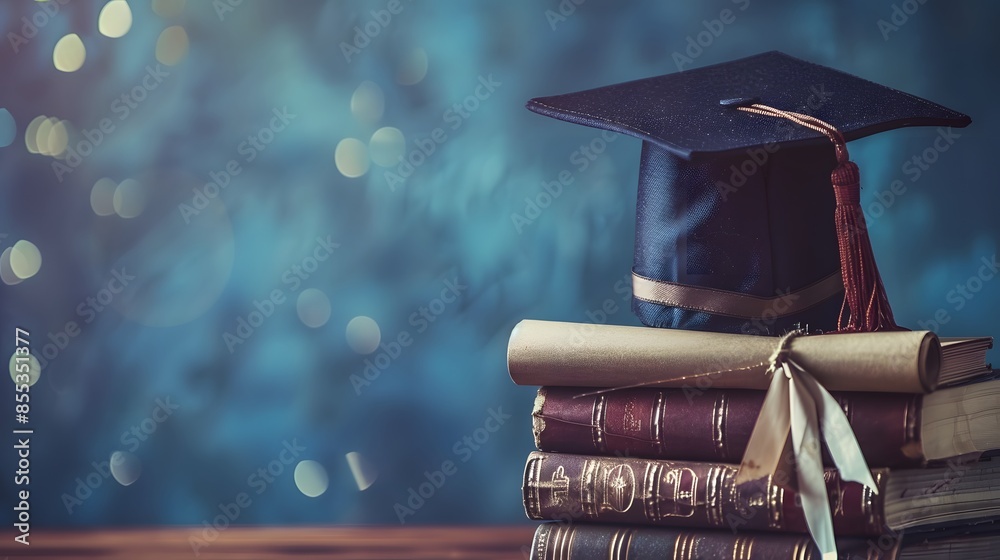 Graduation day.A mortarboard and graduation scroll on stack of books ...