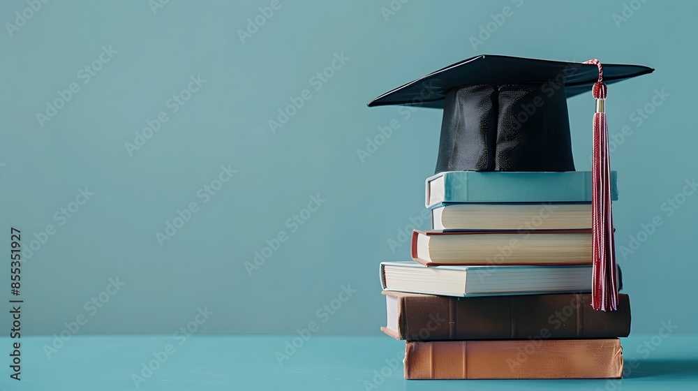 Graduation day.A mortarboard and graduation scroll on stack of books ...
