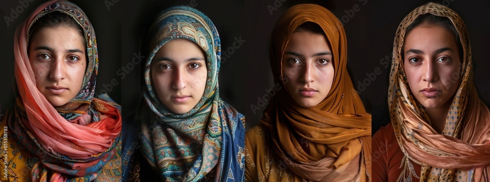 Collage of Five Young Women in Hijabs Showcasing Traditional Islamic ...