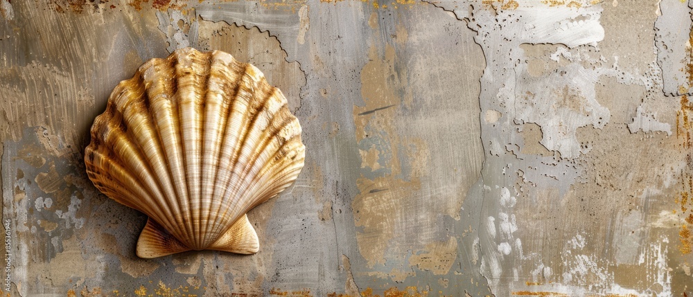Golden scallop shell on weathered concrete wall. Iconic symbol of the ...