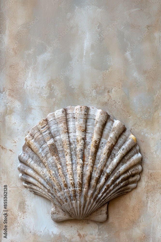 Scallop shell on vintage concrete wall, wet wand. Iconic symbol of the ...
