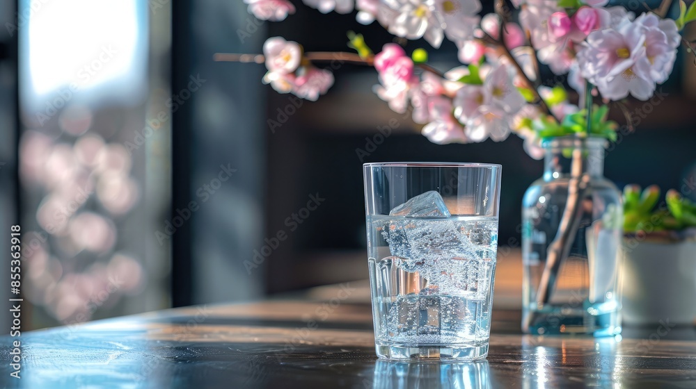 Side view of a glass of water next to a vase with flowers, combining ...