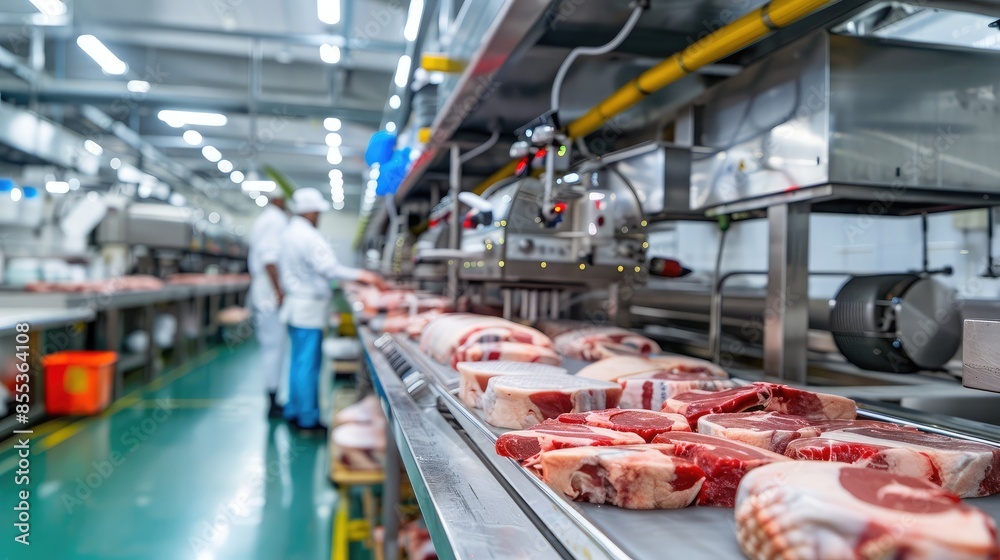 Side view of a meat processing facility with various meats being ...