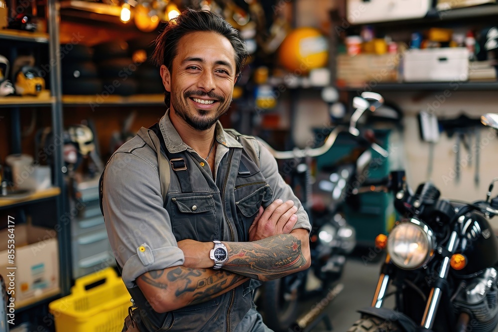 Happy mechanic with a charismatic smile leaning on a classic motorcycle ...
