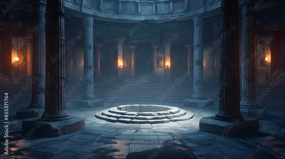 A dark, ancient Greek-style circular room with stone pillars and marble ...