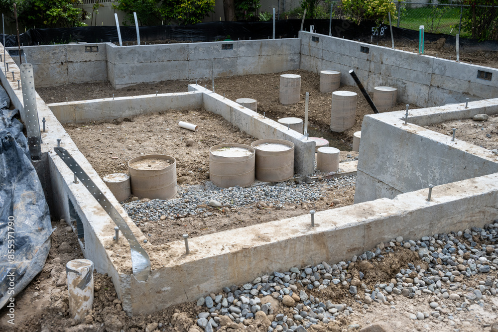 New home foundation construction in progress, cement retaining walls in ...