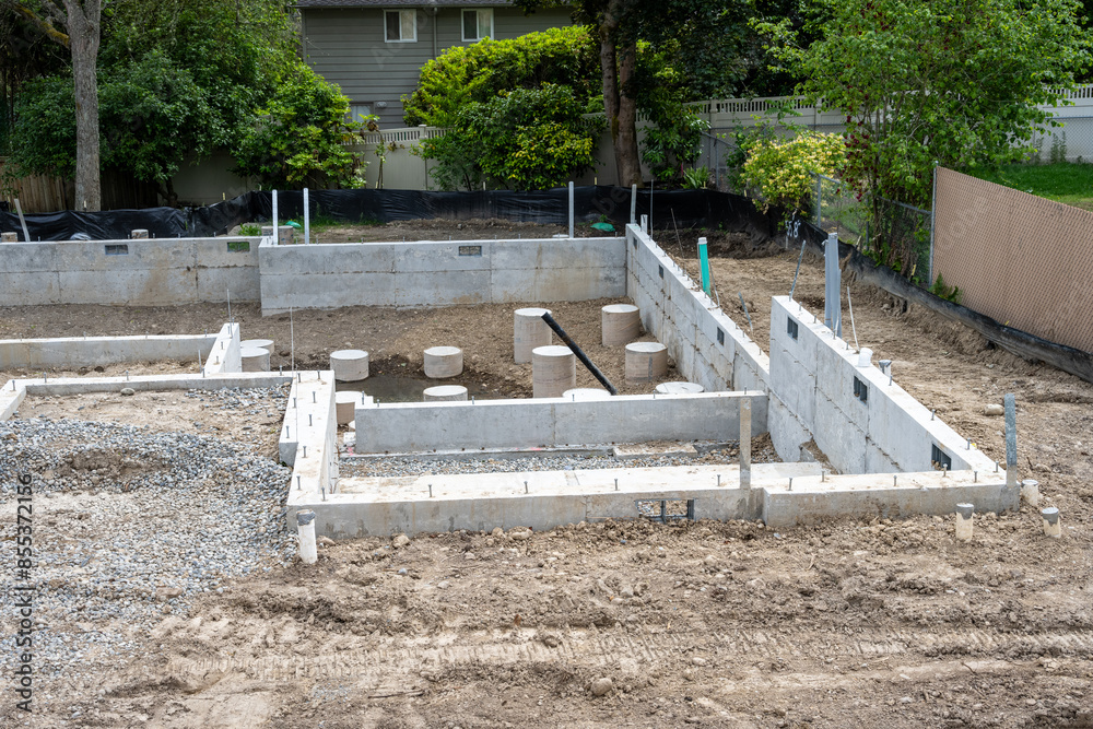 New home foundation construction in progress, cement retaining walls in ...