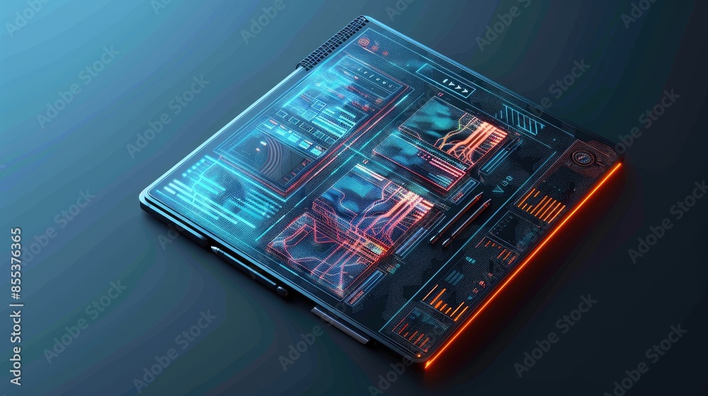 digital notebook side view showcasing modern work tools cybernetic tone ...