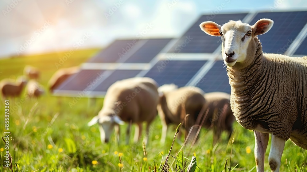 Sheep are standing on a lush meadow with solar panels for regenerative ...