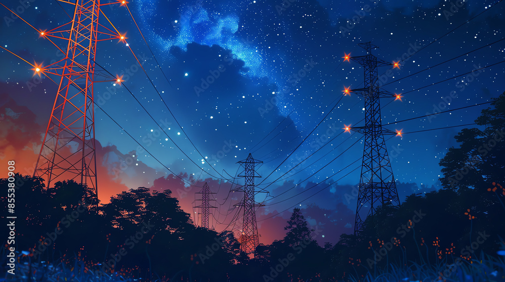 Power transmission towers and starry night sky blend, creating an ...