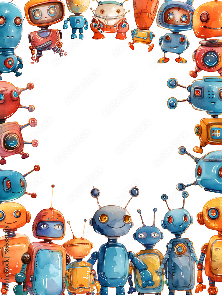 Cute cartoon frame border of robots in the style of watercolor clipart ...