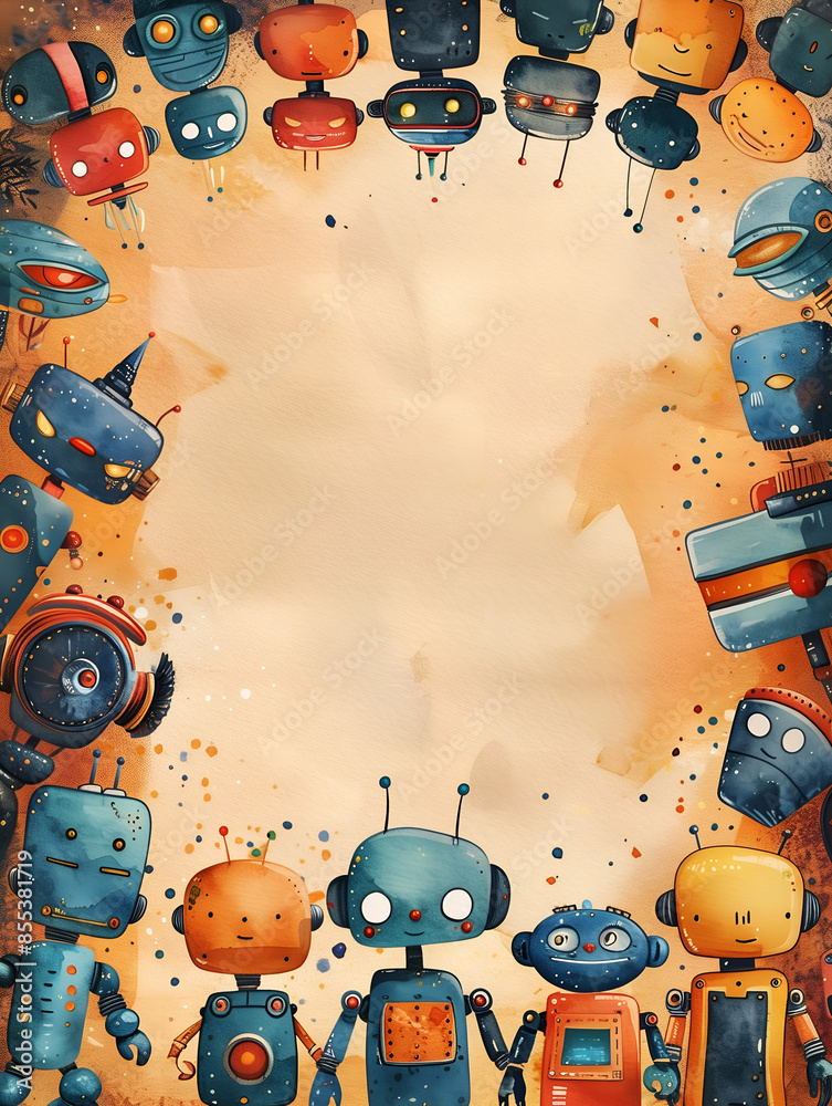 Cute cartoon frame border of robots in the style of watercolor clipart ...