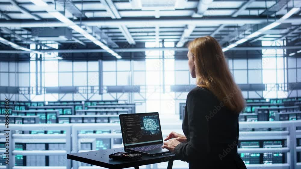 Admin in data center works with artificial intelligence computerized ...