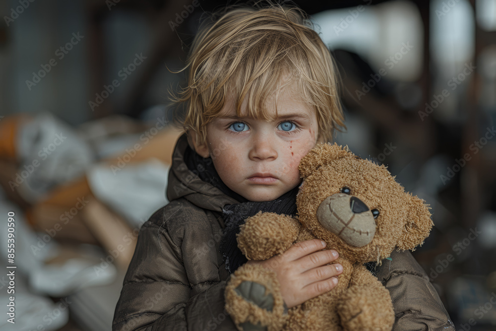 An undead child holding a torn teddy bear. Concept of innocence and ...
