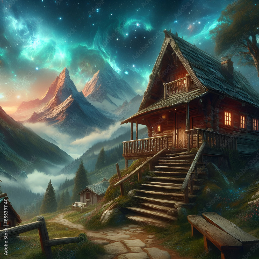 Fantasy Scenery, Old Cabin Chalet Log Cottage Hut with Chimney, Stairs ...