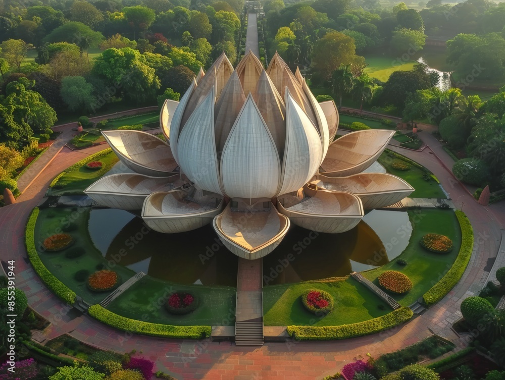 Aerial view of the Lotus Temple with its unique petal-shaped structure ...