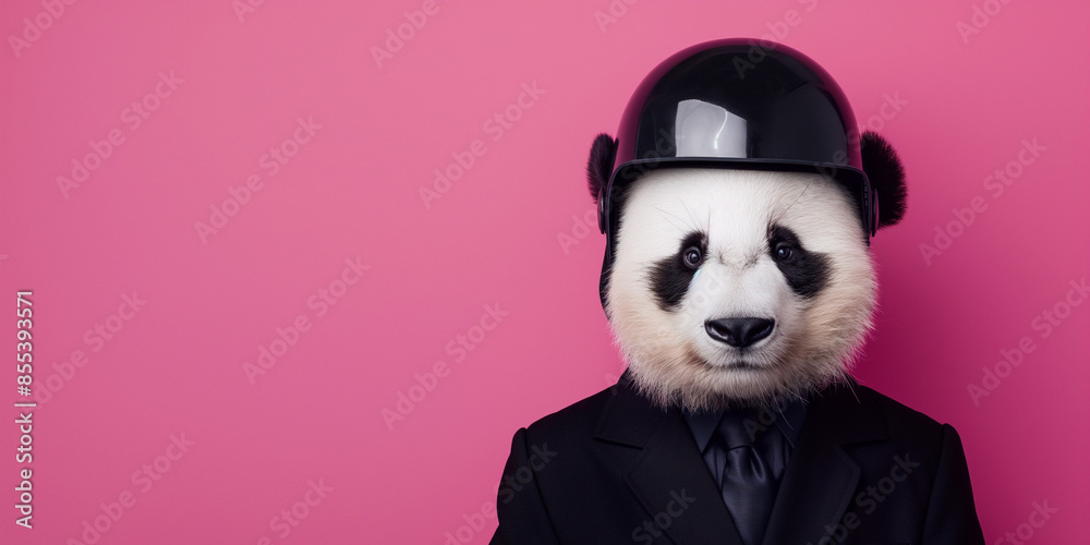 Panda wearing helmet and a black suit on a pink background, panda ...