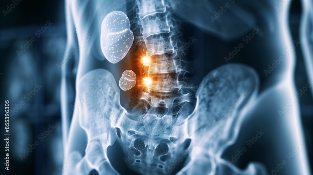 X-ray showing multiple small kidney stones scattered in the renal ...