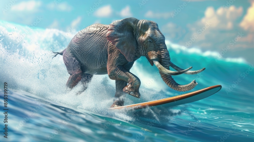3D Illustration of a elephant is surfing the sea as a symbol of ...