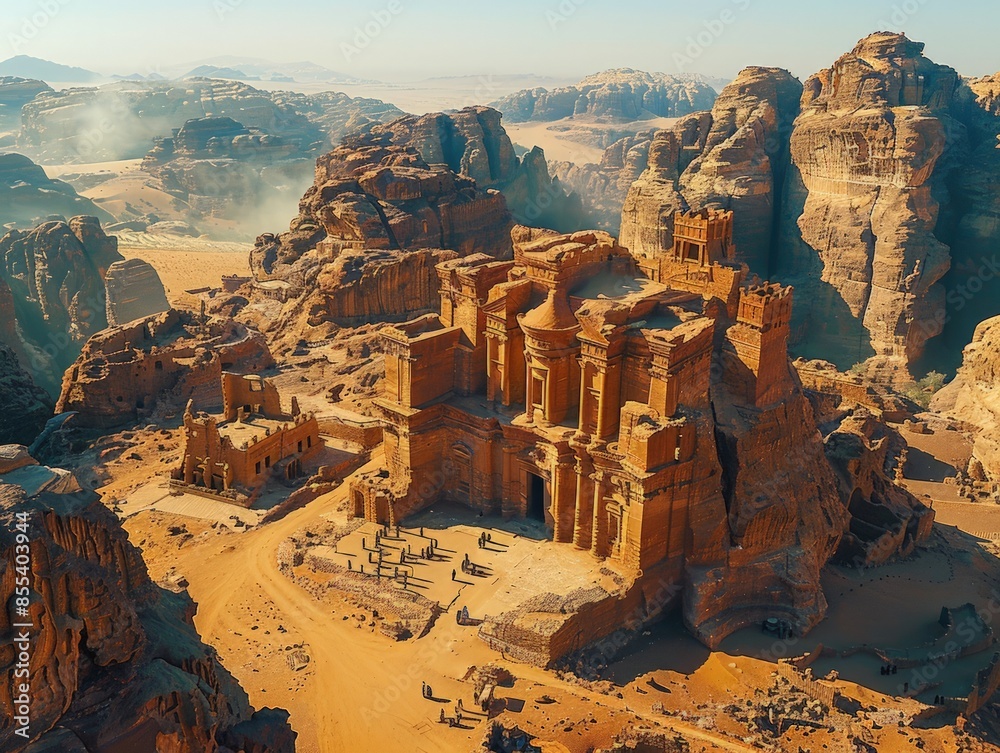 Aerial view of the Petra with its ancient rock-cut architecture and ...