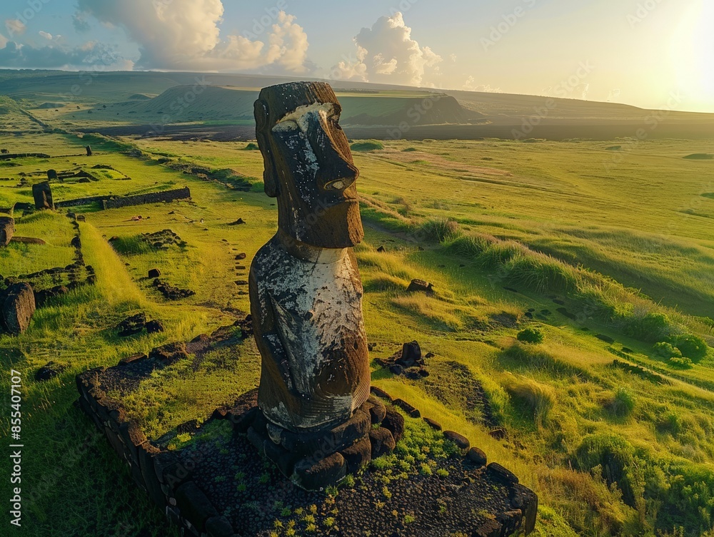 Aerial view of the Rapa Nui National Park with its iconic moai statues ...