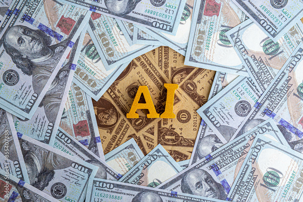 AI and finance concept. Artificial intelligence, stacks of bills 100 US ...