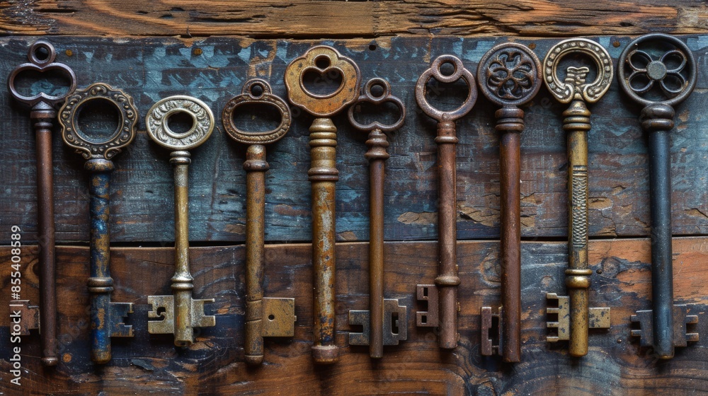 Antique Keys: Illustrate a bunch of old, ornate keys on a rustic wooden ...