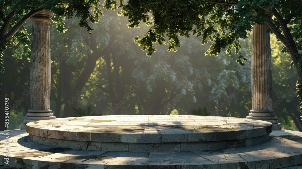 Round stone platform with Corinthian pillars and natural trees with ...