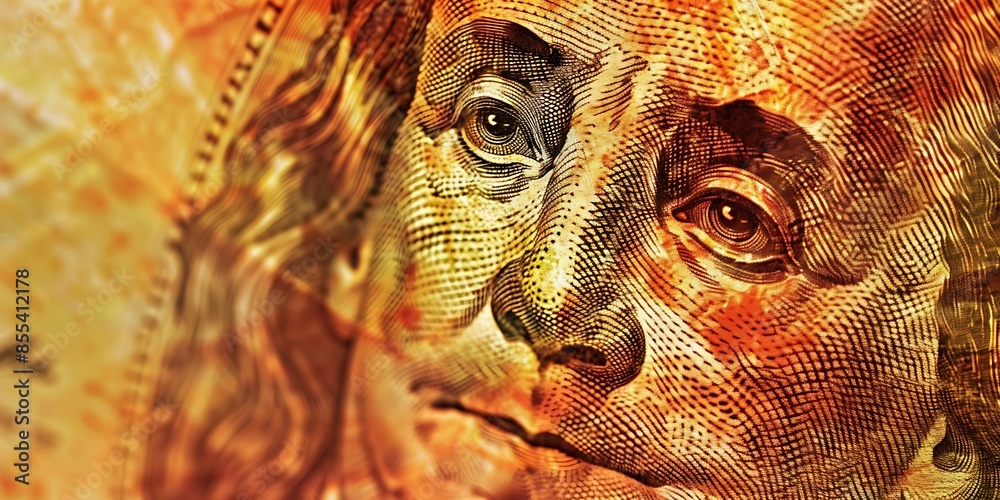 Benjamin Franklin: Close-up textured engraving of Benjamin Franklin's ...