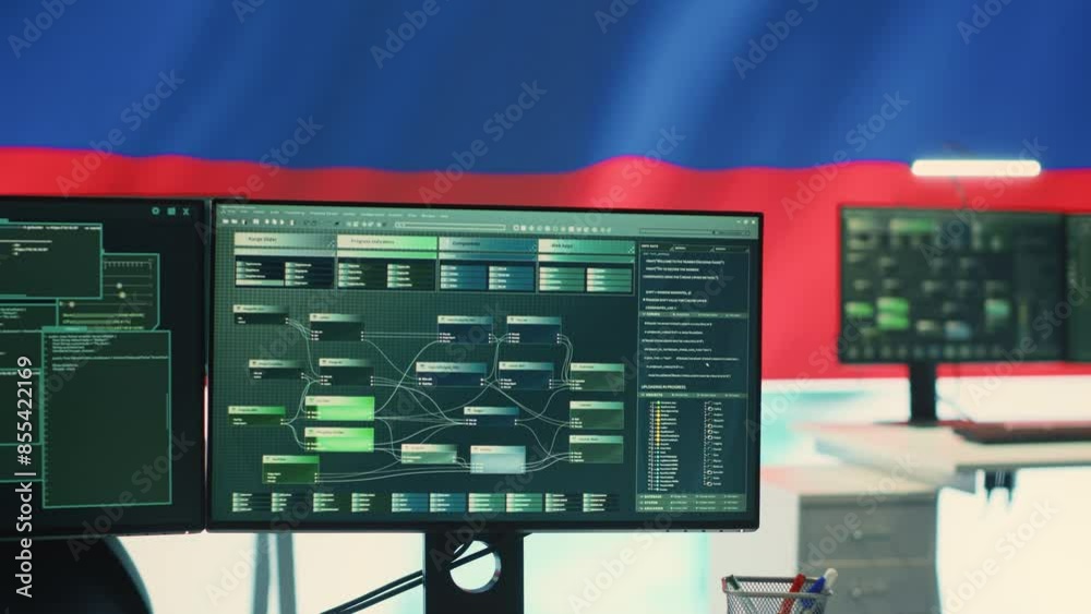 Surveillance and hacking room with a Russian flag on big screen ...