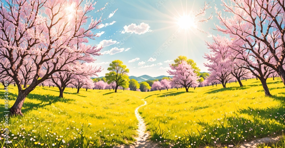 sakura cherry blossom trees blooming in sunny park meadow tree orchard ...