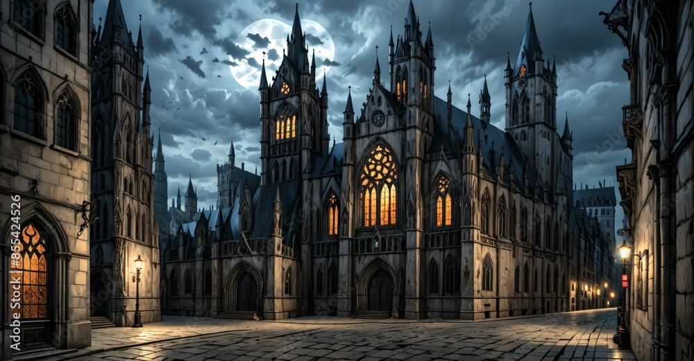 gothic castle palace city building at night. medieval goth tower ...