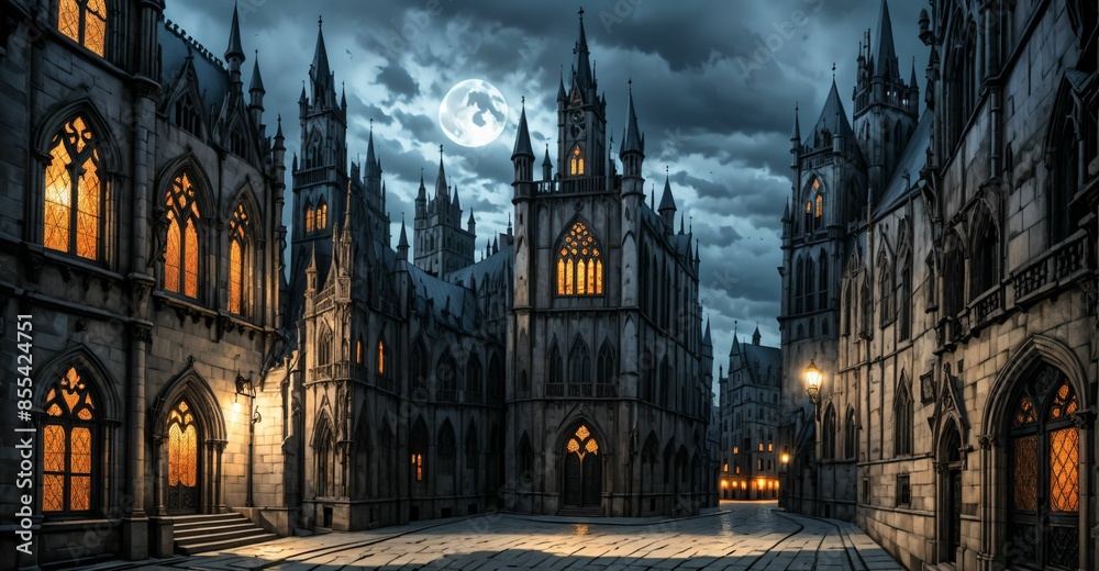 gothic castle palace city building at night. medieval goth tower ...